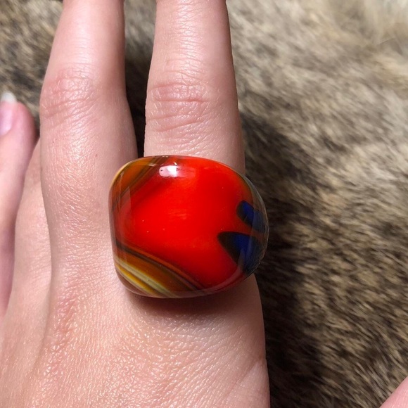 Jewelry | Vintage Red Blue And Yellow Blown Glass Ring | Poshmark